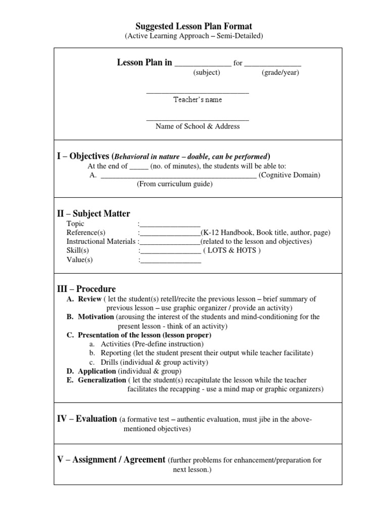 Active Learning Lesson Plan Format: A Detailed Template for Developing ...