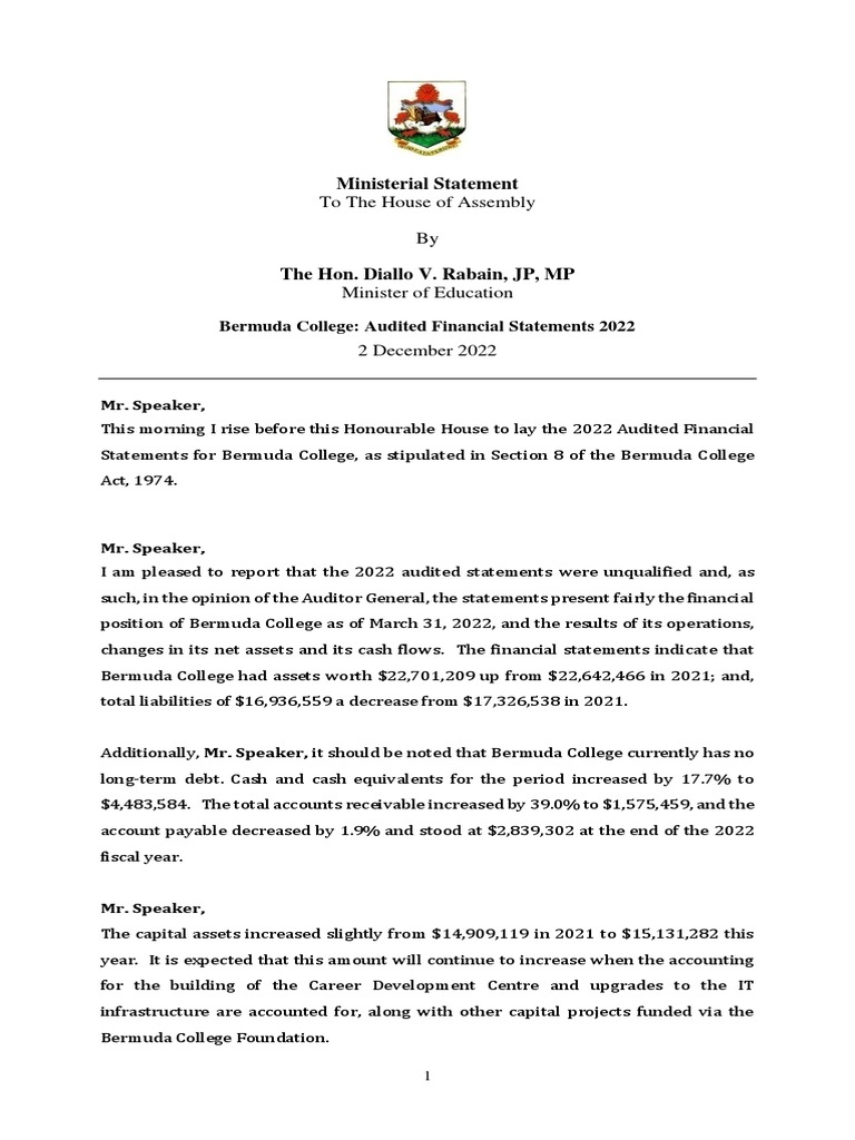 Ministerial Statement - Bermuda College - Audited Financial Statements ...