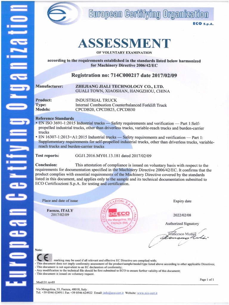 CPCDB20-30 CE证书, certificate for Jialift | PDF