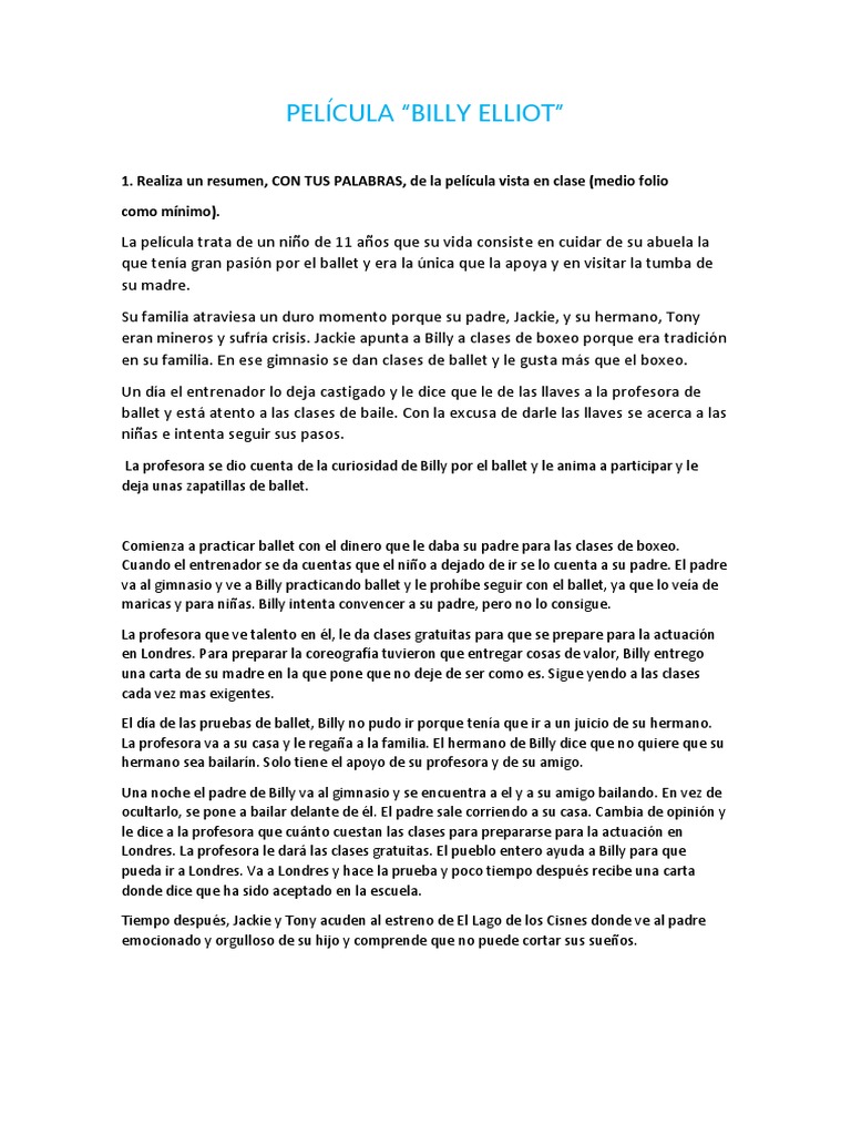 Resumen de la película Billy Elliot | PDF | Ballet