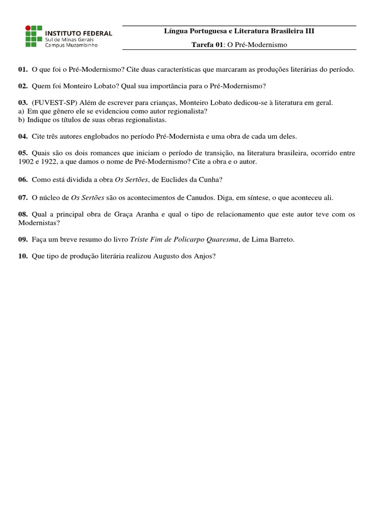 Tarefa 01 - o Pré-Modernismo | PDF
