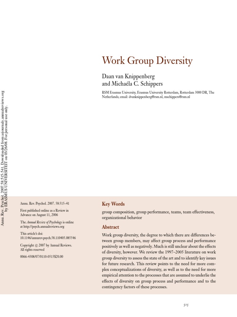 Van Knippenberg and Schippers, 2007 - Work Group Diversity | PDF | Decision Making | Attention