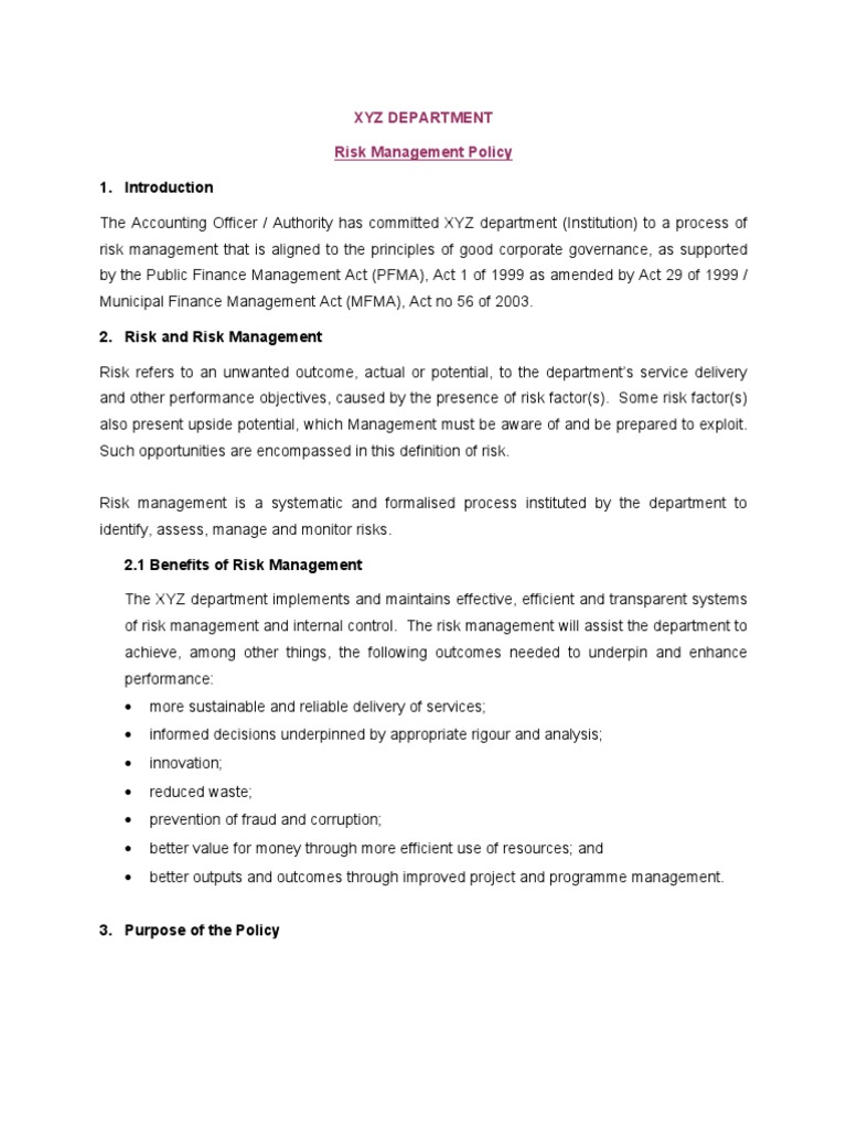 Template Risk Management Policy | PDF | Risk Management | Internal Audit