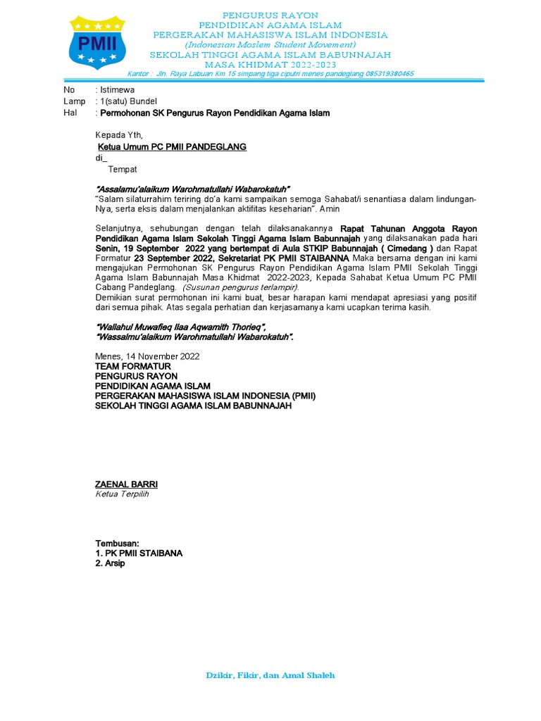 Pengajuan SK Pmii Rayon Pai 2022-2023 | PDF