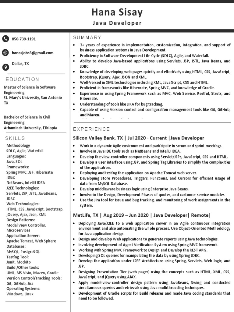 Hana Sisay Java Developer Resume | PDF