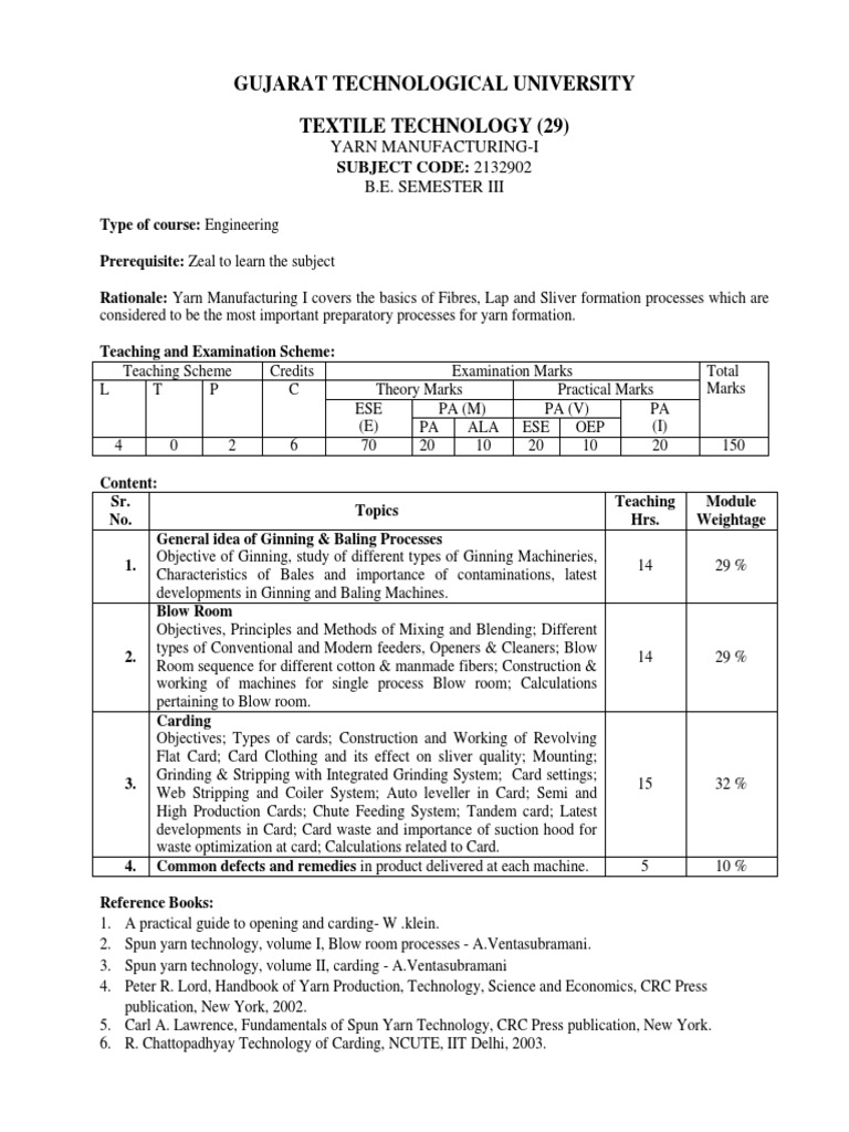 Gujarat Technological University Textile Technology (29) : Yarn ...