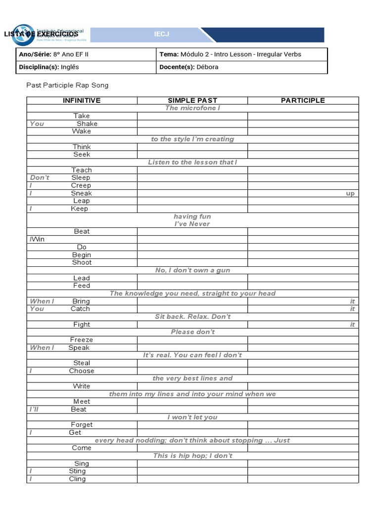 Past Participle Rap Song: An Engaging List of Irregular Verbs in Rap Lyrics Format | PDF ...