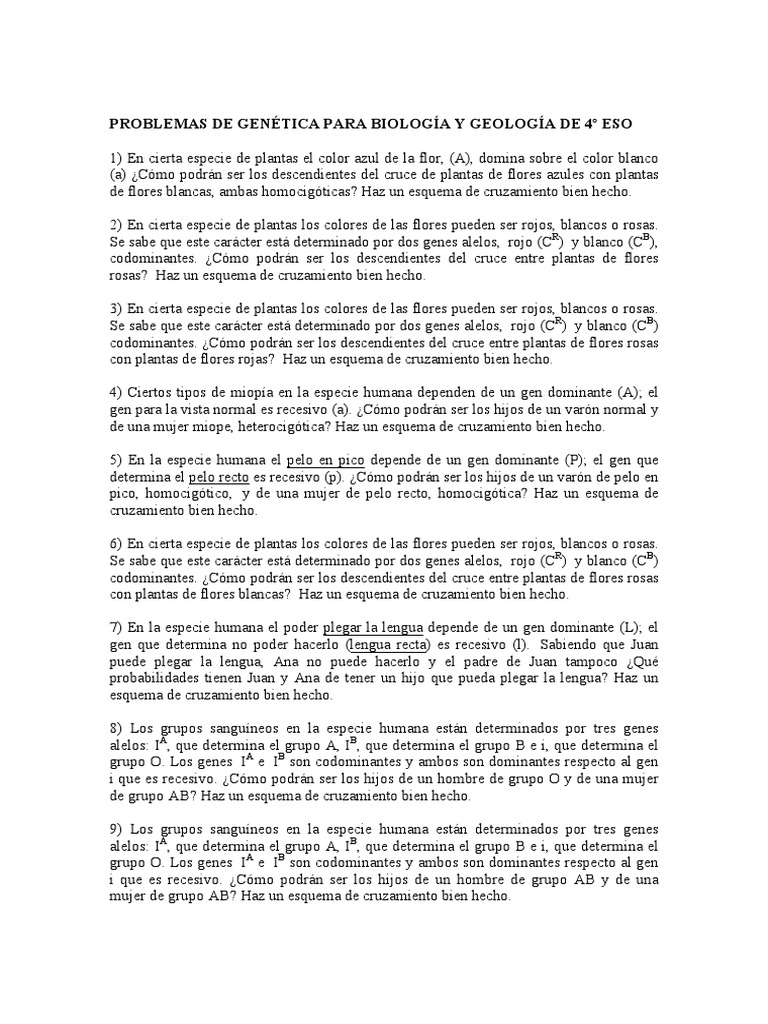 Problemas de Genética para 4º ESO | PDF | Dominancia (Genética) | Alelo