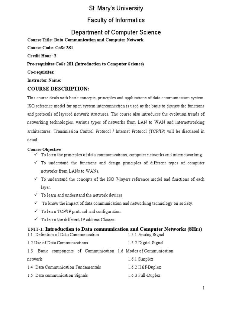 Data Communication and Computer Network Course Outline | PDF | Computer Network | Internet ...