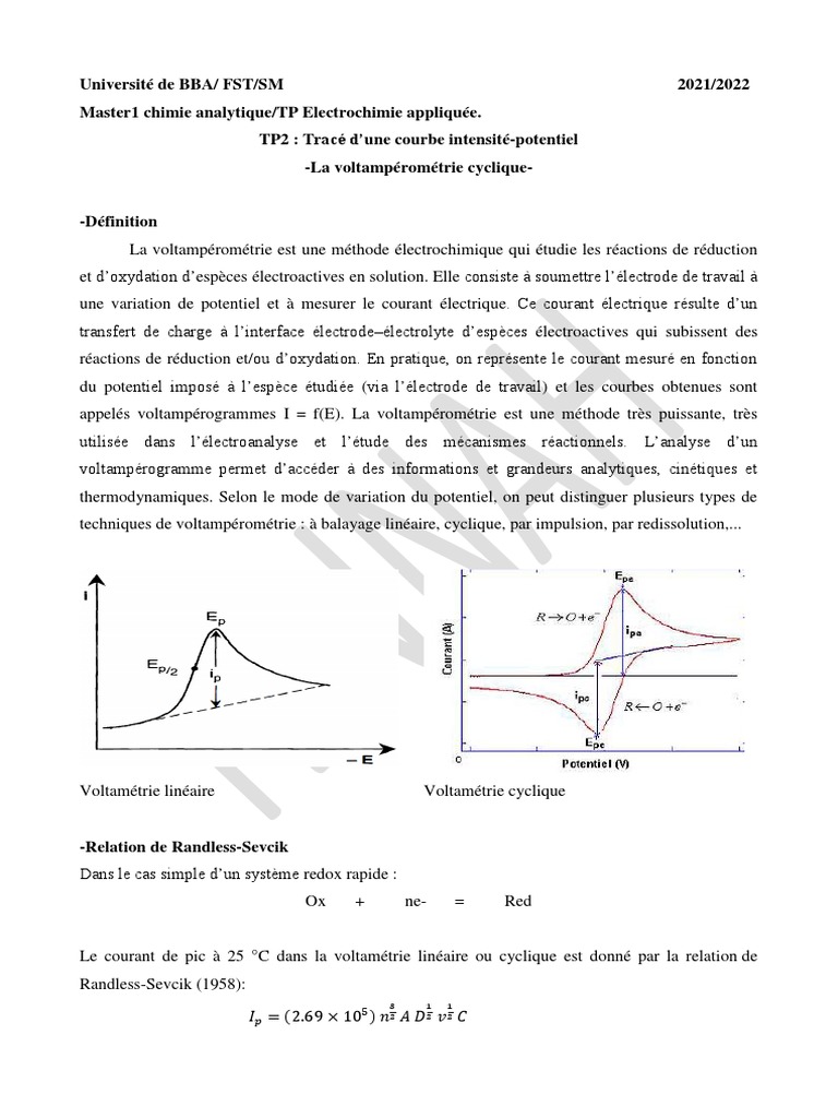 Voltamétrie Cyclique : TP Électrochimie | PDF | Électrochimie | Chimie ...