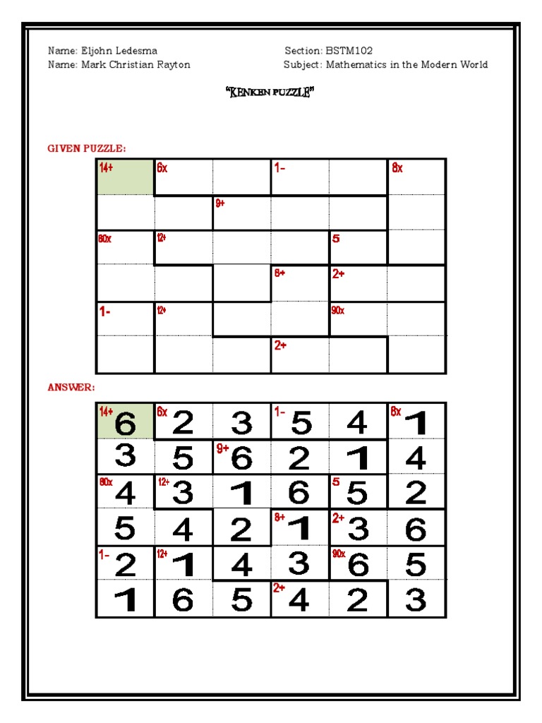 Kenken Puzzle | PDF | Teaching Methods & Materials | Science & Mathematics