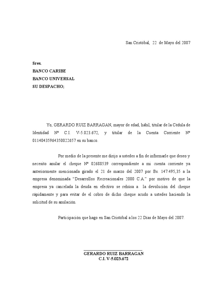 Carta Banco Anulaciòn Cheque | PDF | Contador | Bancos