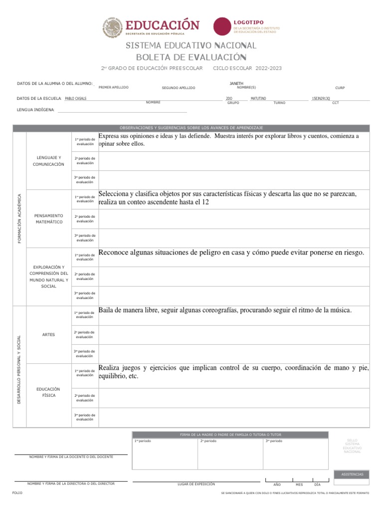 Boletas de Evaluación Preescolar 2023 | PDF | Evaluación | Educación de ...