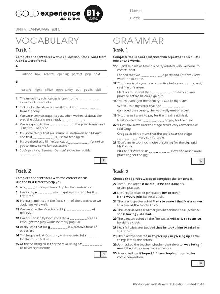Gold Exp B1P U9 Lang Test B | PDF
