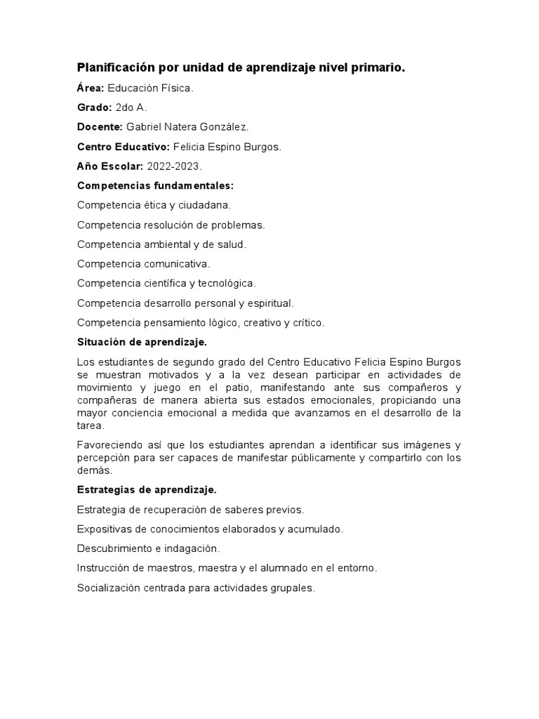 Planificación Por Unidad de Aprendizaje Nivel Primario | PDF | Método de enseñanza | Aprendizaje