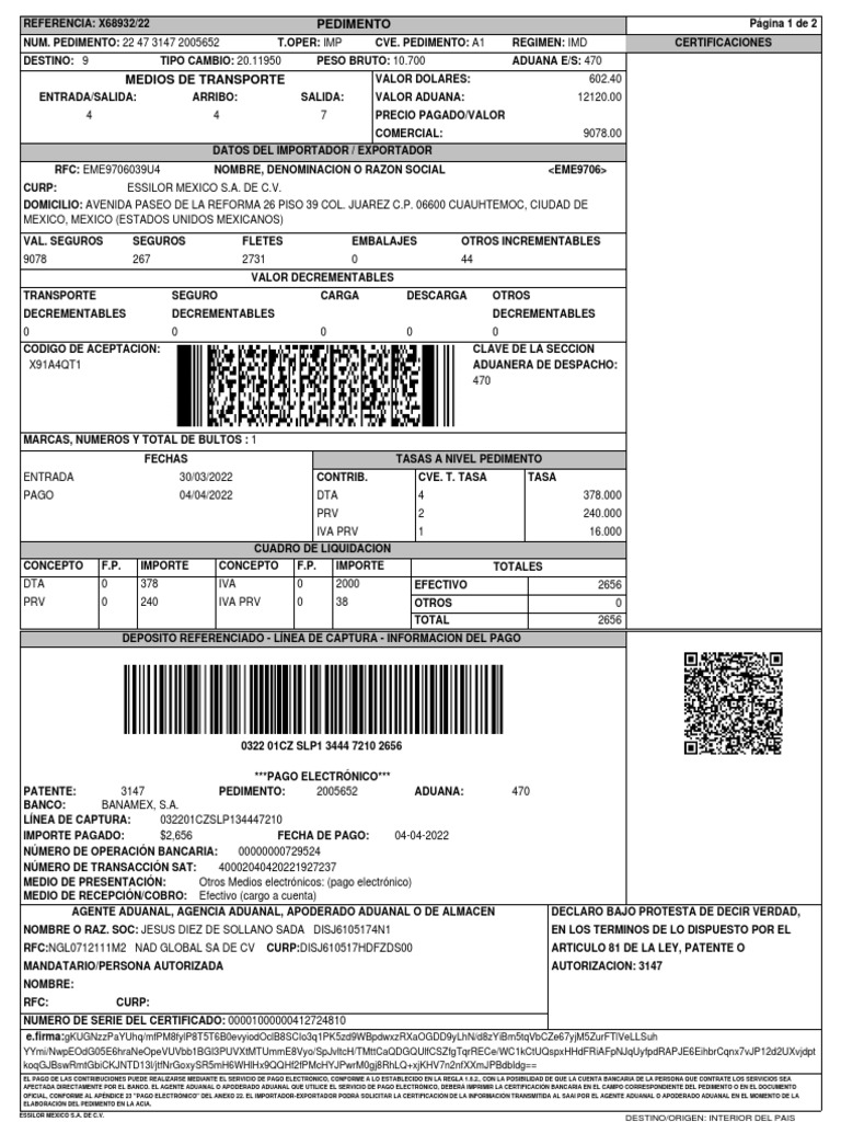 Pedimento de Importación Essilor México | PDF