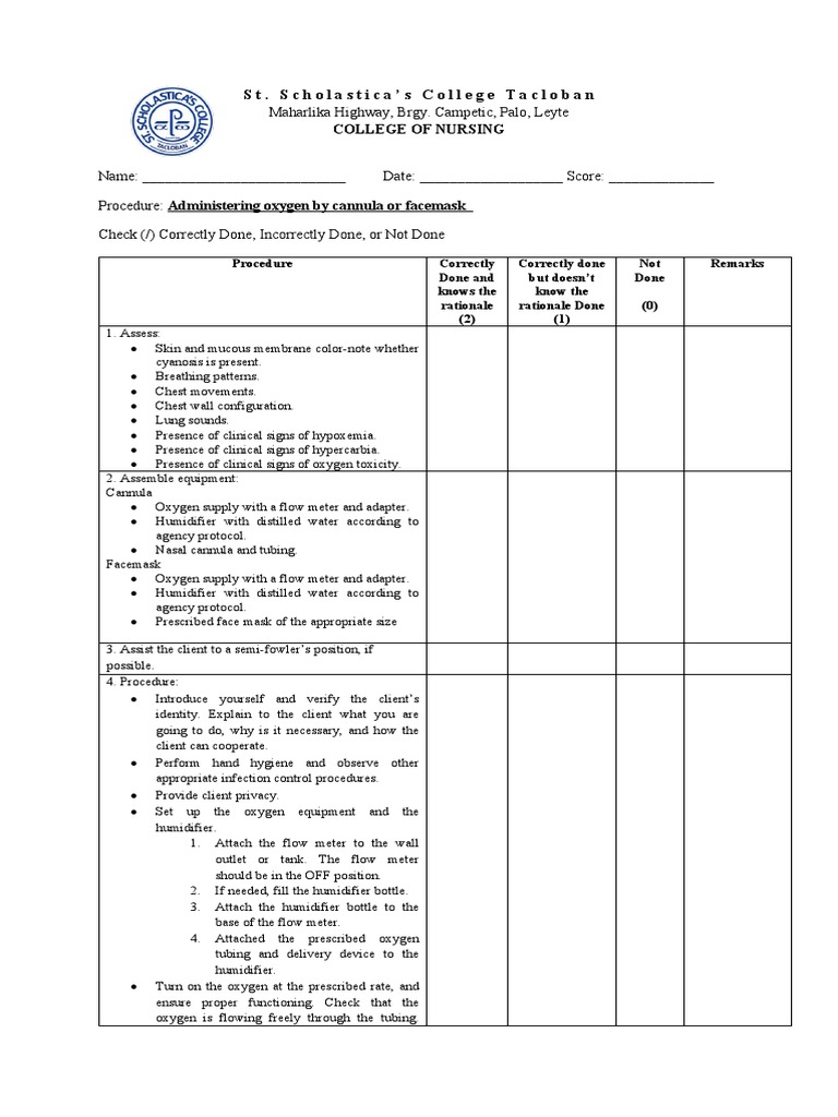 Procedure Checklist On Oxygenation | PDF | Clinical Medicine | Medical ...