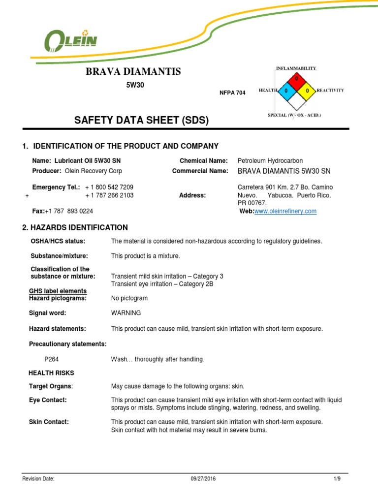 SDS - BRAVA 5W30 DIAMANTIS SN Rev09-2016 | PDF | Superfund | Dangerous Goods