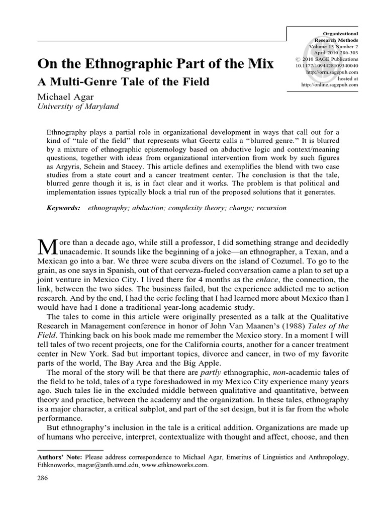 AGAR, Michael - On The Ethnographic Part of The Mix | PDF | Ethnography ...