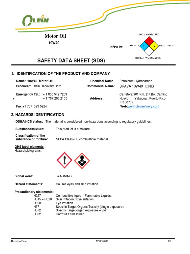 SDS - BRAVA 10W40 IGNIS Rev12-2016 | PDF | Superfund | Dangerous Goods