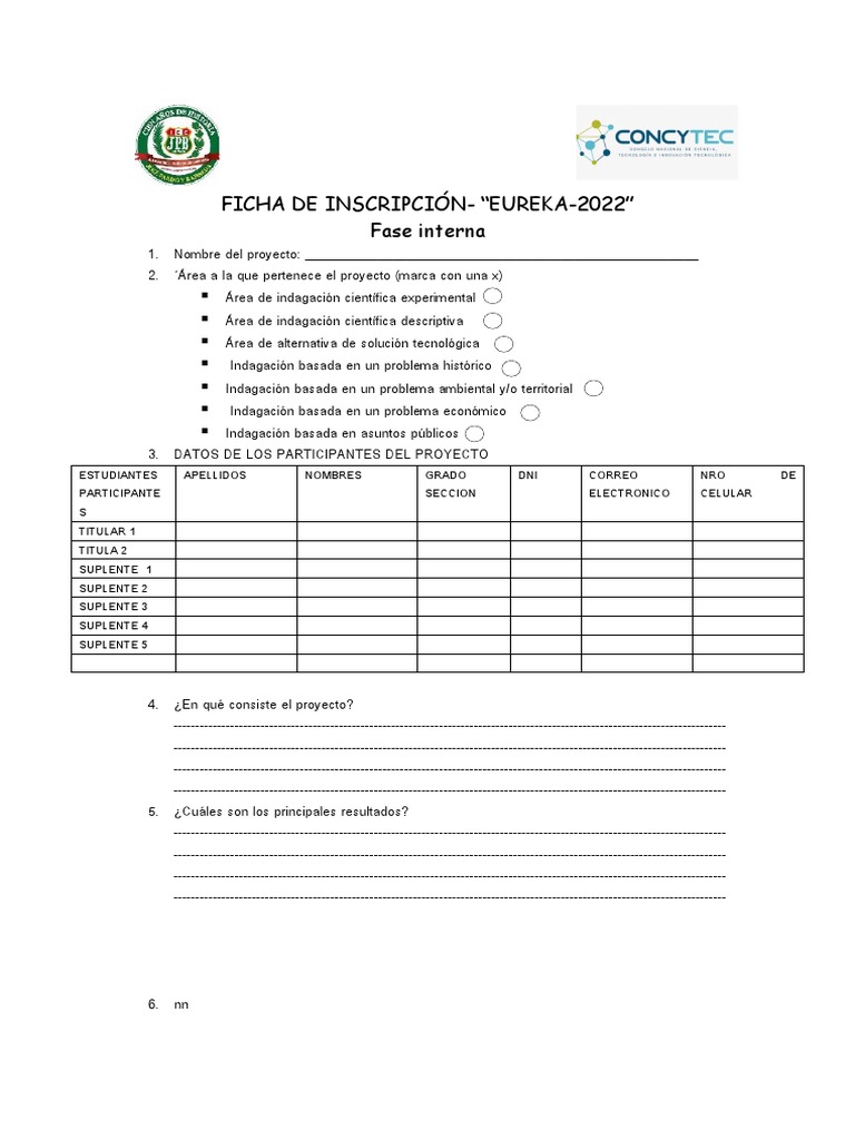 FICHA DE INSCRIPCIÓN-eureka 2022 | PDF | Science