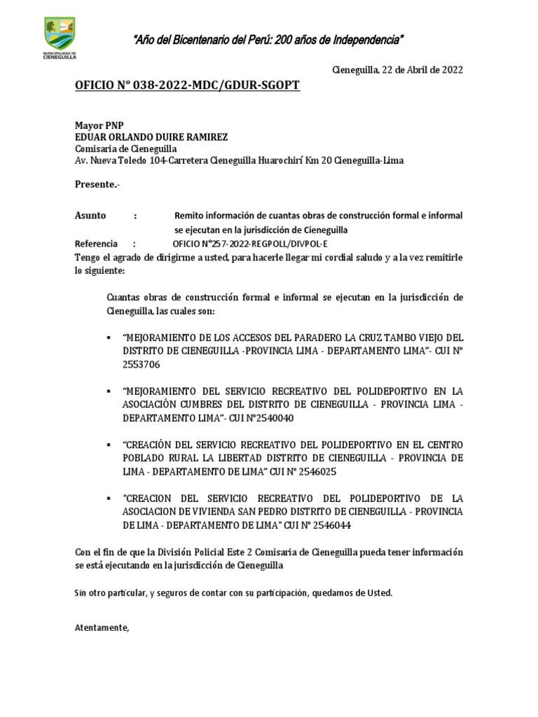 Oficio para Comisaria | PDF