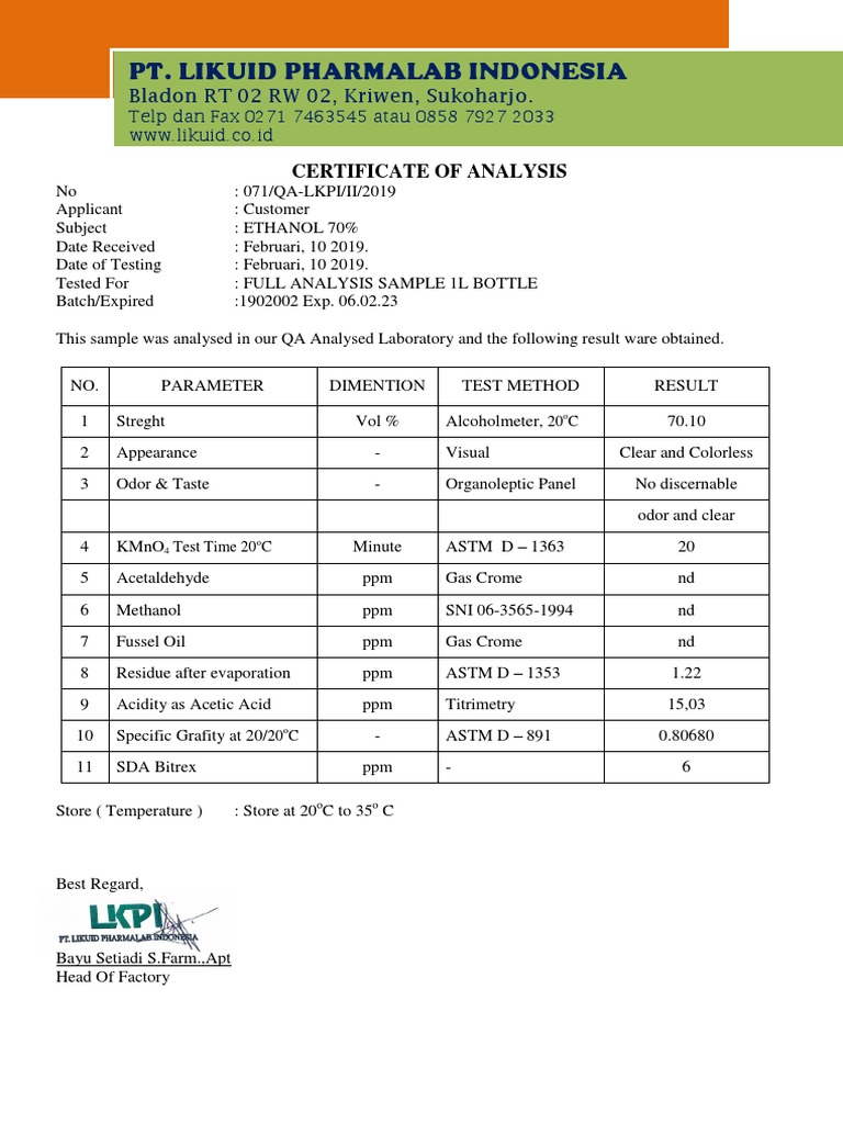 3 MSDS Coa Dan Msds Alkohol 70% | Download Free PDF | Personal Protective Equipment | Water