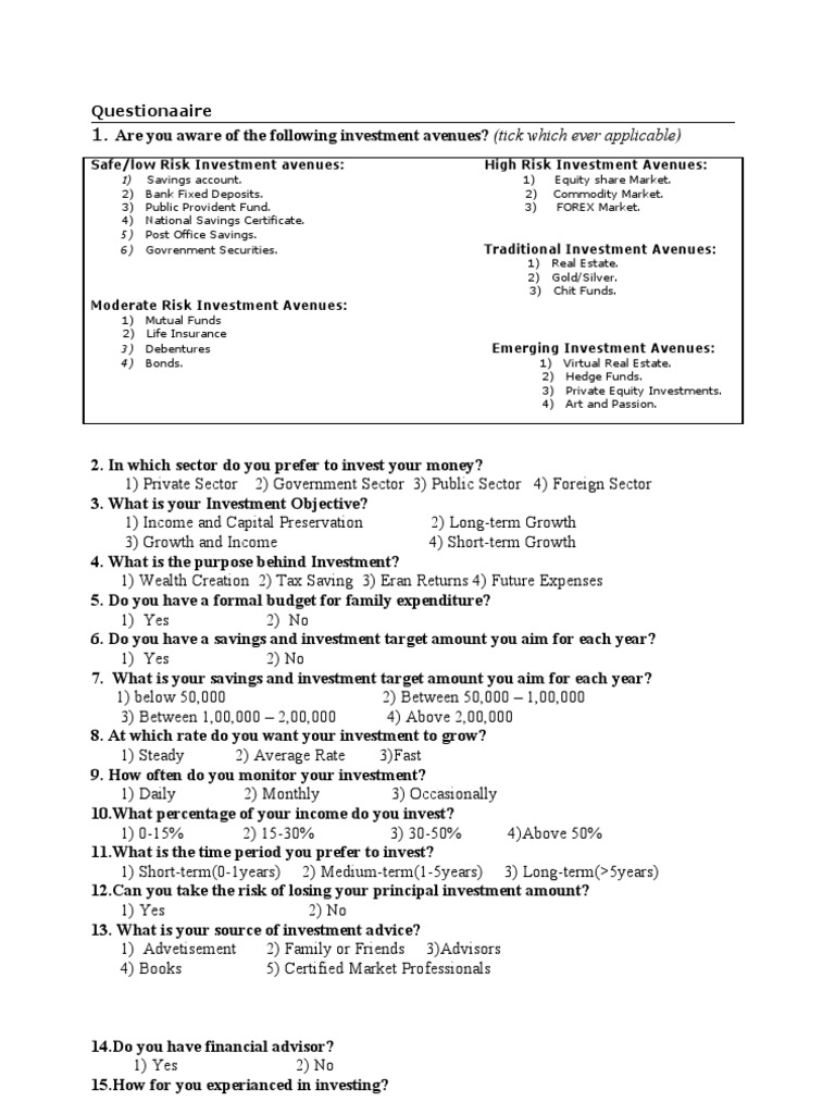 Investment Avenues Questionnaire | PDF | Career & Growth | Finance ...