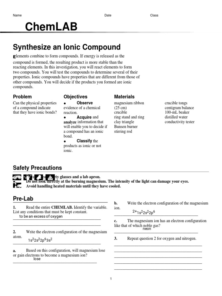 Michael Nelson - Chemistry Glencoe Section 7-3 ChemLab Synthesize Ionic Compound | PDF