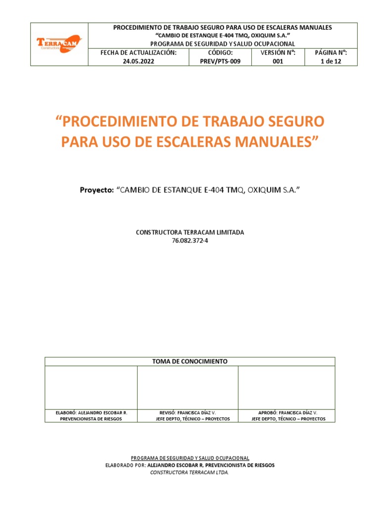 Prevpts - 009 - Procedimiento de Trabajo Seguro para Uso de Escaleras Manuales | PDF | Seguridad ...