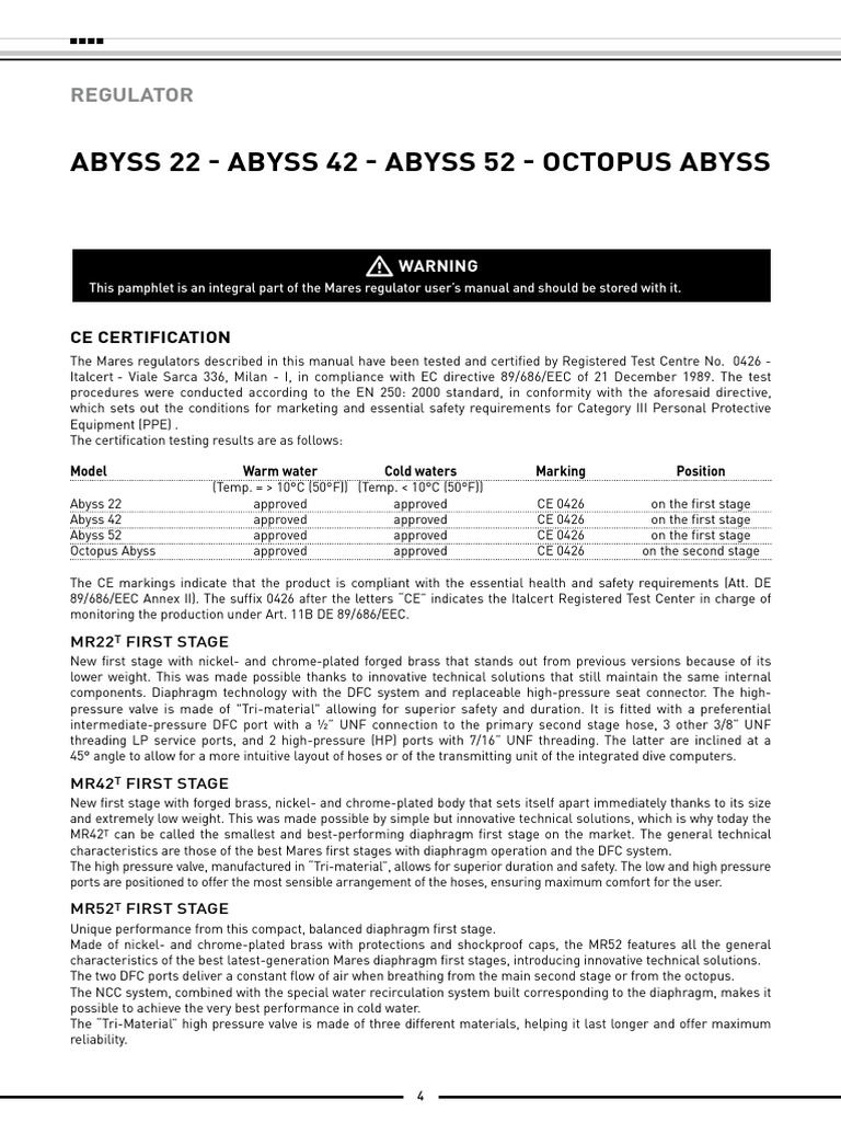 Mares Abyss 22 42 52 and Octopus | PDF | Manufactured Goods | Equipment