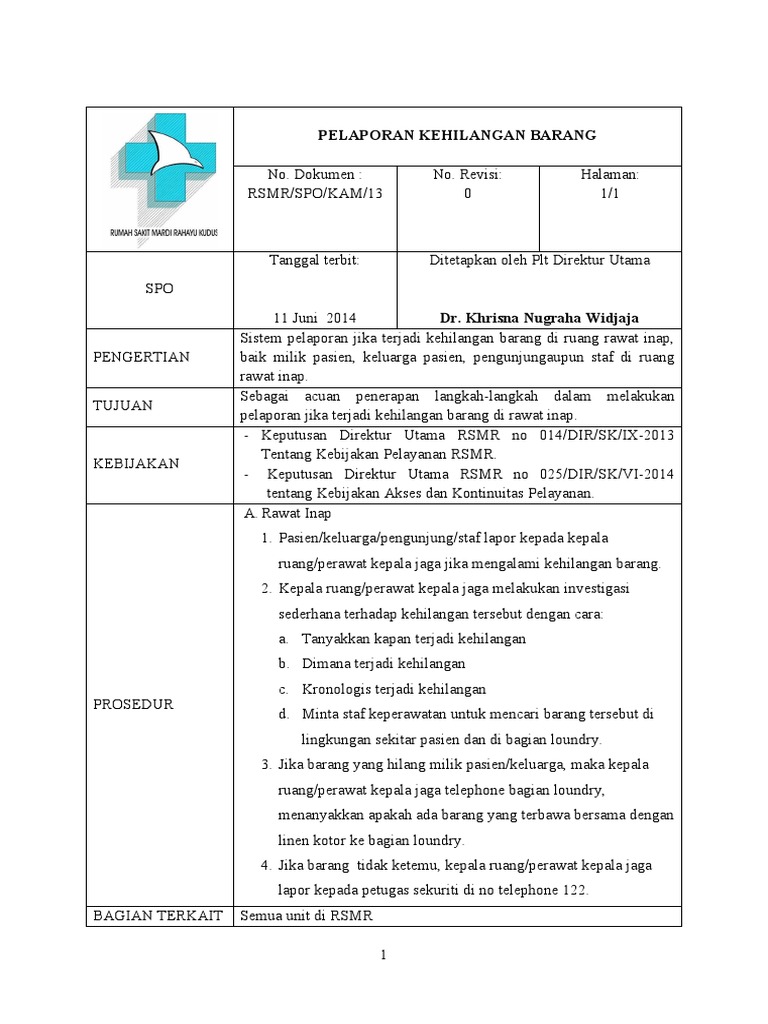 Prosedur Pelaporan Kehilangan Barang RSMR | PDF
