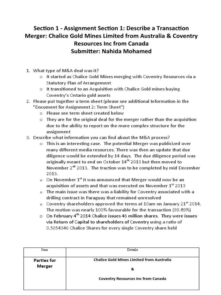 Section 1 - Assignment Section 1 Describe A Transaction | Download Free PDF | Mergers And ...