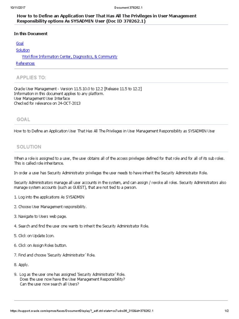 Document 378262 - How To To Define An Application User That Has All The ...