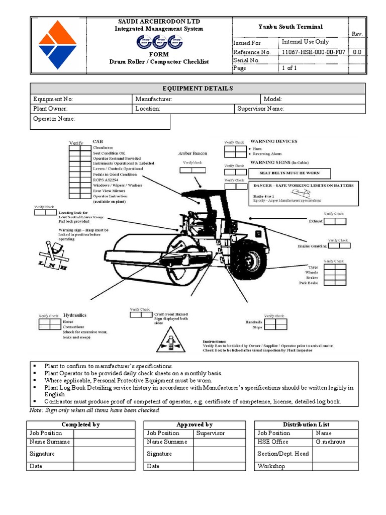 11067-HSE-000-00-F07 Drum Roller Compactor Checklist | PDF