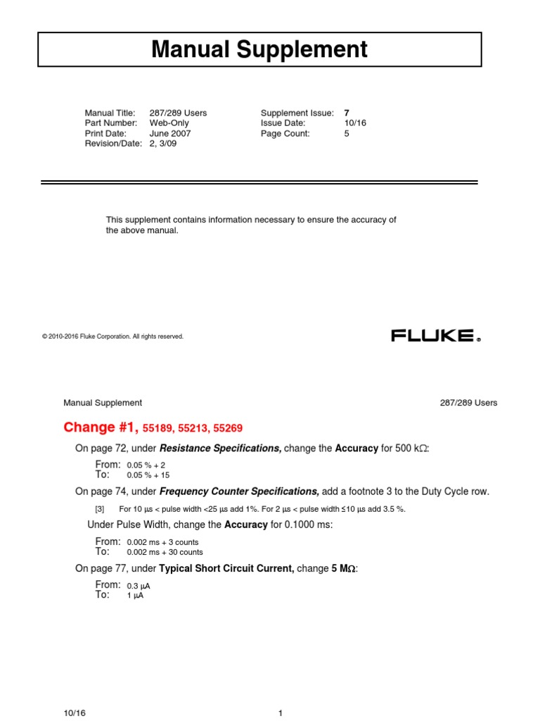 Fluke 289 User Manual Suppliment | PDF | Fuse (Electrical) | Electric Power
