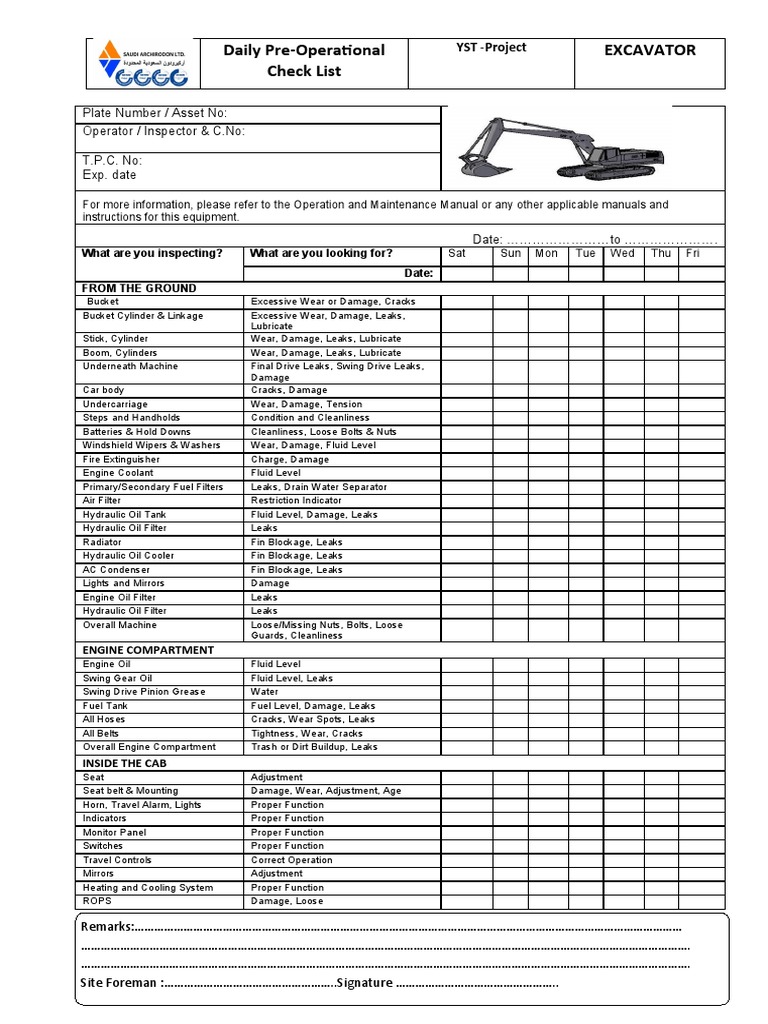 Daily Pre-Operationla Check List (Excavator) | PDF | Vehicles | Vehicle ...