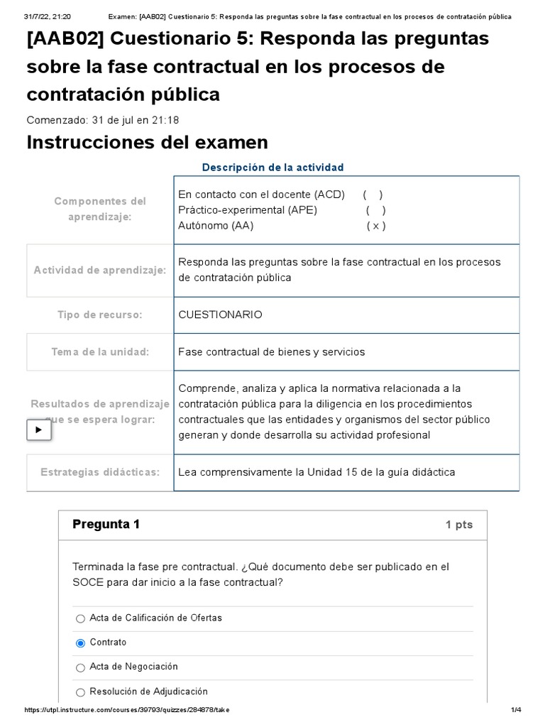 Examen - (AAB02) Cuestionario 5 - Responda Las Preguntas Sobre La Fase Contractual en Los ...