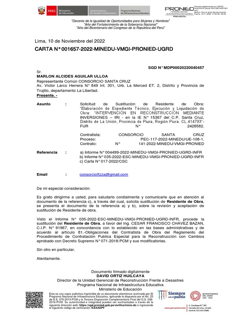 Carta #1657-2022-Minedu-Vmgi-Pronied-Ugrd | PDF | Perú | Conceptos legales