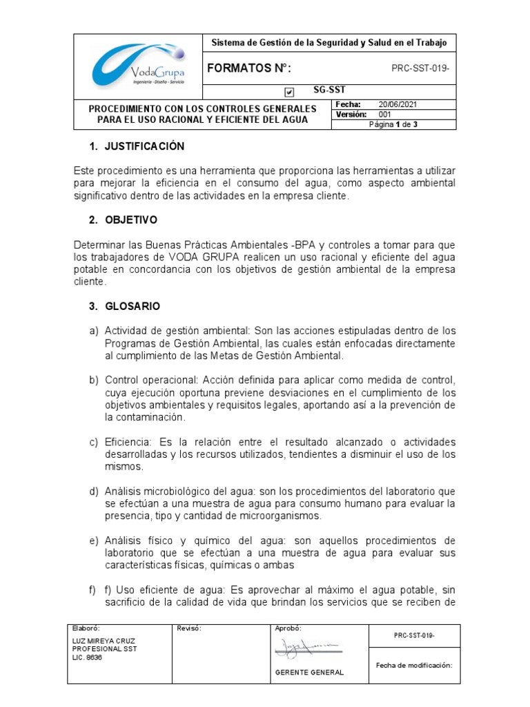 PRC-SST-019 - Procedimiento y Controles Generales para El Uso Racional y Eficiente Del Agua ...
