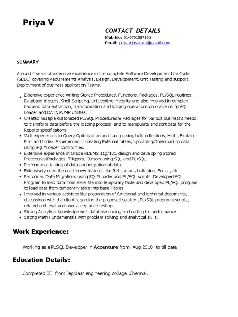 Priya V: PL/SQL Developer Profile | PDF | Pl/Sql | Databases