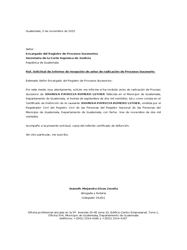 Informes A CSJ - Sucesorio Testamentario - Johanna Patricia Romero ... Informes A CSJ - Sucesorio Testamentario - Johanna Patricia Romero ...