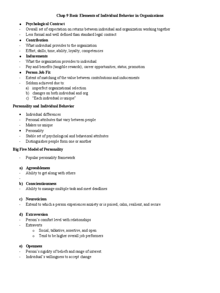 Chap 9 Basic Elements of Individual Behavior in Organizations | PDF | Extraversion And ...