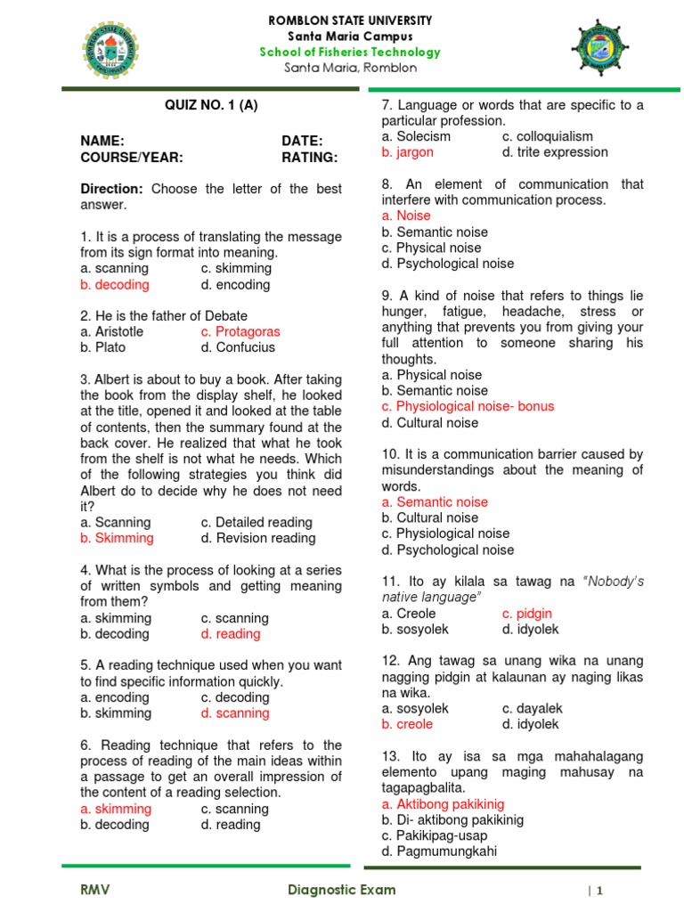 Key To Blept Gened Quiz 1 A | PDF