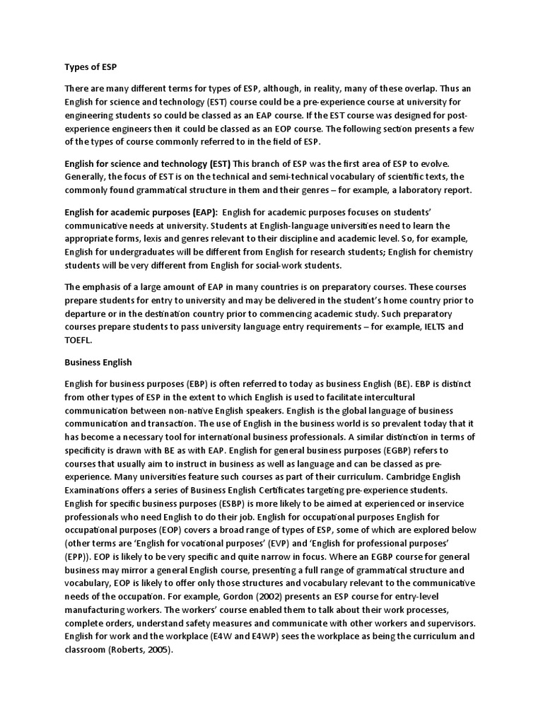 Types of ESP Course 1 | PDF | English As A Second Or Foreign Language ...