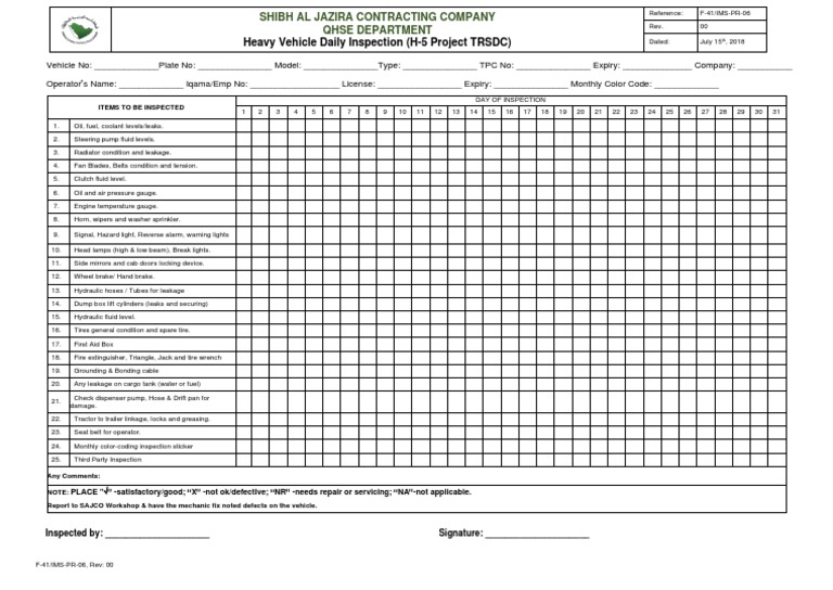 Heavy Vehicle Daily Inspection Check List | PDF | Truck | Vehicles