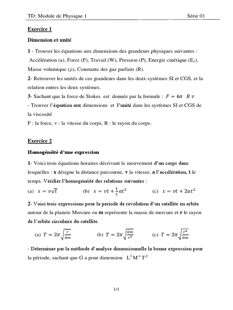 Serie 1 Physique L1 Geo 22 | PDF