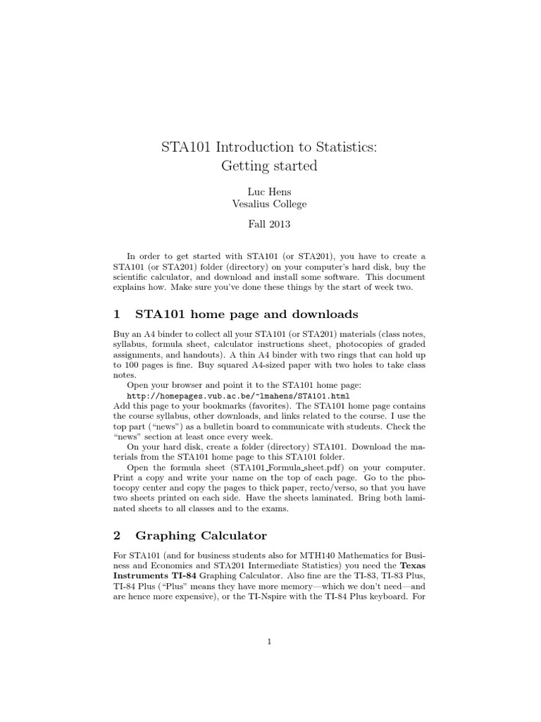 STA101 Introduction To Statistics: Getting Started: 1 STA101 Home Page and Downloads | PDF | I ...