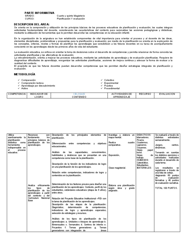 Planificacion Y Evaluacion Quinto Magisterio Pdf Evaluación