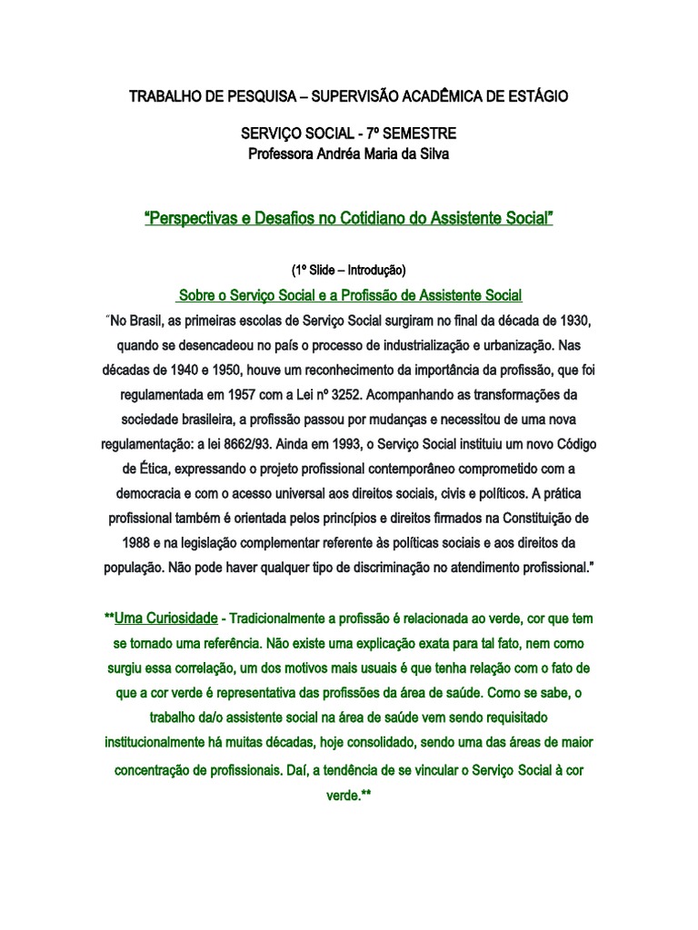 Perspectivas e Dasafios No Cotidiano Do Assistente Social | PDF ...